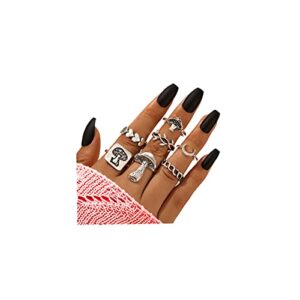 csiyanjry99 vintage silver punk rings set retro mushroom heart moon flower heart signet knuckle finger statement rings for women jewelry (i)