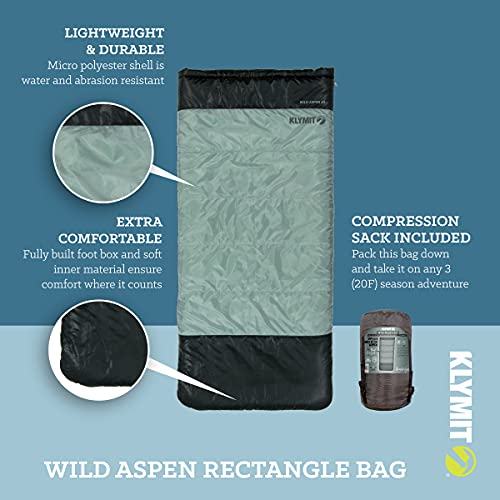 Klymit Wild Aspen Lightweight Rectangle Sleeping Bag, 20°F Sleeping Bag for Camping, Hiking, and Backpacking in Cold Weather, Green