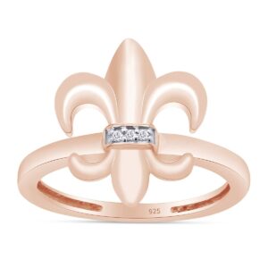 wishrocks dainty fleur-de-lis diamond accent ring in 18k rose gold over sterling silver ring size- 6