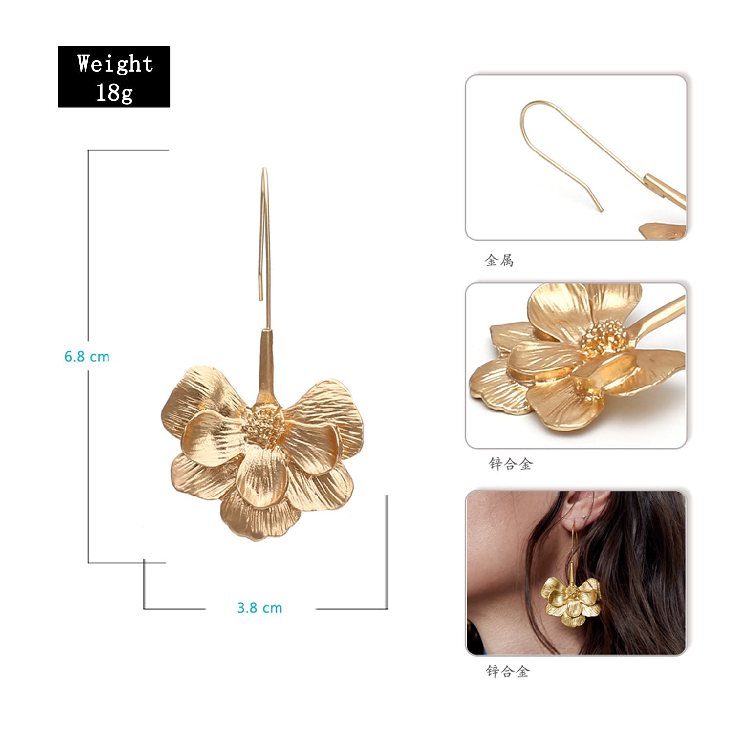 T-ztoss Bohemian Gold Elegant Flower Fashion Dangle Earring Flower Earrings Unique Chic 3D Large Flower Jewelry for Women (golden)