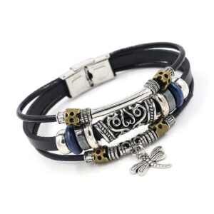 smalllove bohemian leather bracelets for men and women vintage punk alloy butterfly key adjustable beaded wrap multilayer braided cuff bangles wristband wrist decor bracelet (black dragonfly)