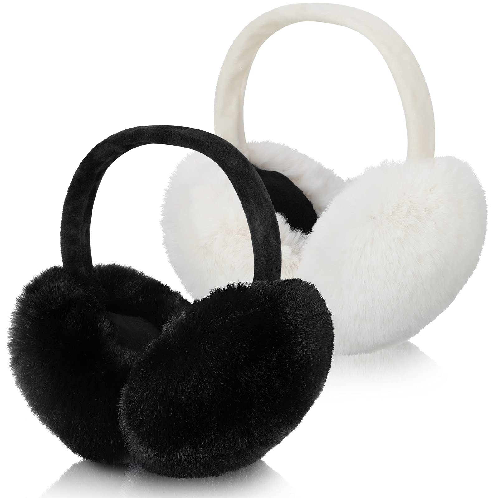 SATINIOR 2 Pieces Winter Ear muffs Faux Fur Earmuffs Cute Foldable Outdoor Ear Warmers Faux Fur Ear Warmers for Women (Black, White), One Size