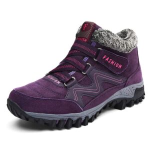 tbwm women winter thermal villi leather platform fashion high top boots outdoor walking shoes non-slip hiking shoes purple