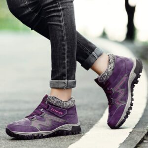 TBWM Women Winter Thermal Villi Leather Platform Fashion high top Boots Outdoor Walking Shoes Non-Slip Hiking Shoes Purple