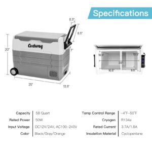 COSTWAY Car Refrigerator with Wheels, 58-Quart Dual-Zone Electric Cooler with 12V/24V DC, 100-240V AC, -4°F to 50°F, Portable 12 Volt Refrigerator RV Fridge Freezer for Home Camping Vehicles, Grey