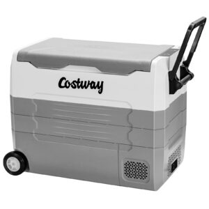 costway car refrigerator with wheels, 58-quart dual-zone electric cooler with 12v/24v dc, 100-240v ac, -4°f to 50°f, portable 12 volt refrigerator rv fridge freezer for home camping vehicles, grey