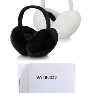 SATINIOR 2 Pieces Winter Ear muffs Faux Fur Earmuffs Cute Foldable Outdoor Ear Warmers Faux Fur Ear Warmers for Women (Black, White), One Size