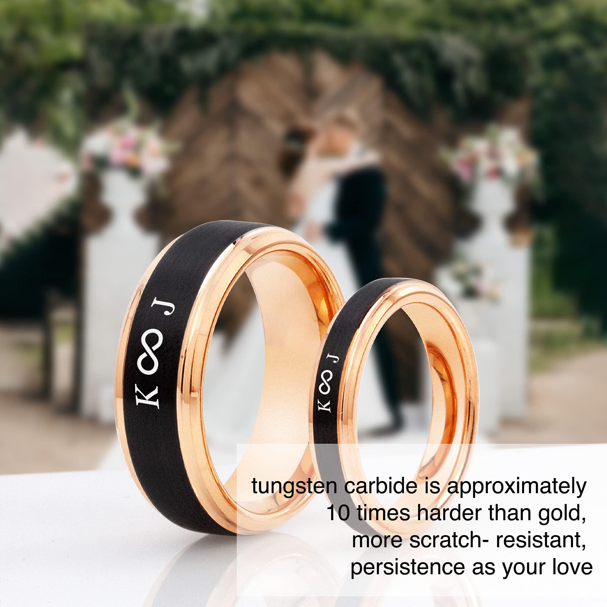 LerchPhi Tungsten Carbide Promise Ring Sets for Him and Her, Black Wedding Rings for Couples, Stepped Edge, Rose Gold Plated Jewelry