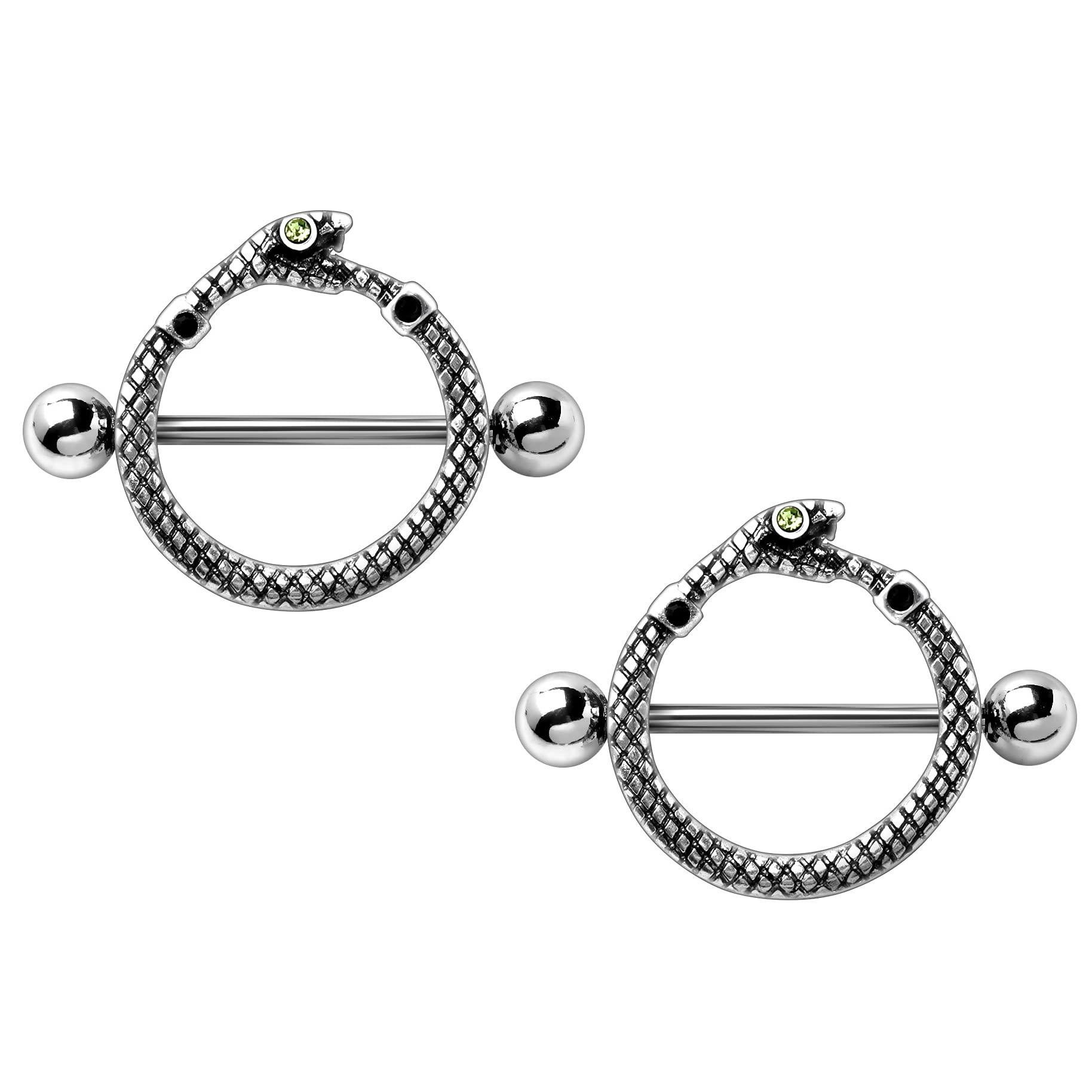 Pierced Owl 14GA 316L Stainless Steel Full Circle Snake Biting Tail Nipple Shields, Sold as a Pair