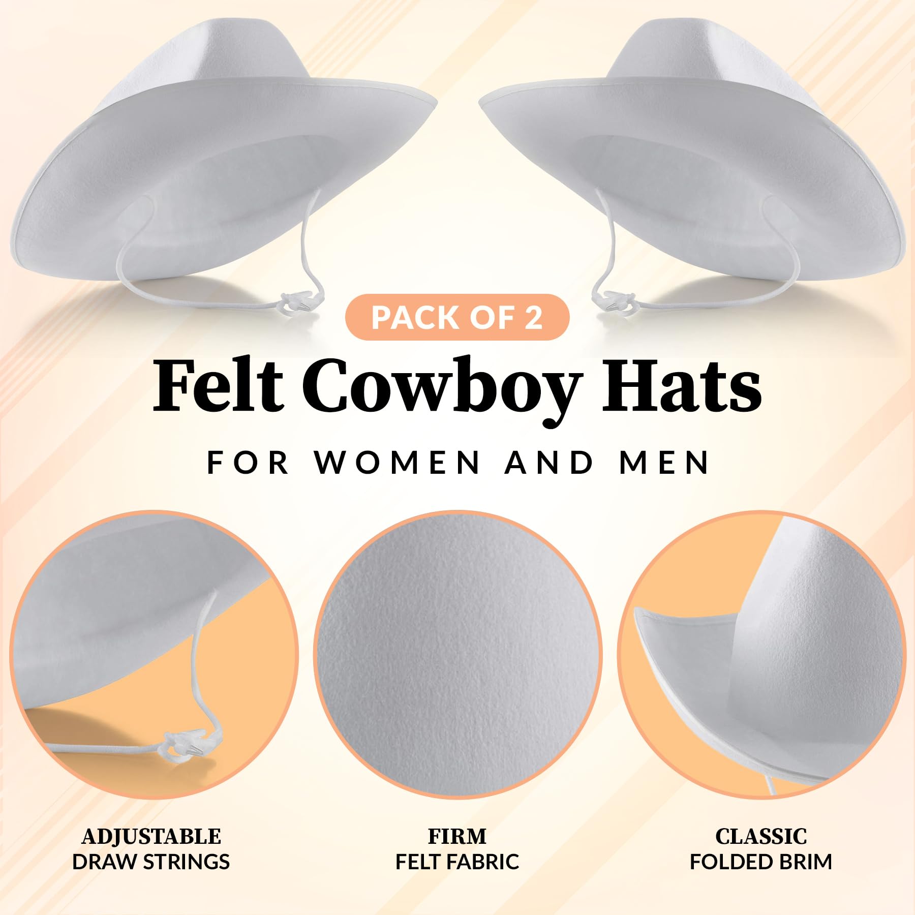 White Cowboy Hat - (Pack of 2) White Cowgirl Hat for Women and Men with Adjustable Neck Drawstring, Dress-up Parties, and Play Costume Accessories, Fits Most Teen Girls Boys, and Adults