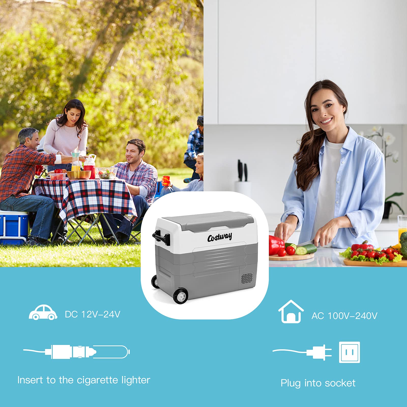 COSTWAY Car Refrigerator with Wheels, 58-Quart Dual-Zone Electric Cooler with 12V/24V DC, 100-240V AC, -4°F to 50°F, Portable 12 Volt Refrigerator RV Fridge Freezer for Home Camping Vehicles, Grey