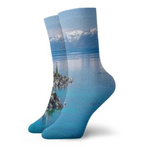 gultmee fashion compression socks,blue waters of lake tahoe snowy mountains pine trees rocks relax shore,performance polyester cushioned athletic crew socks for running,athletic, -12 inch