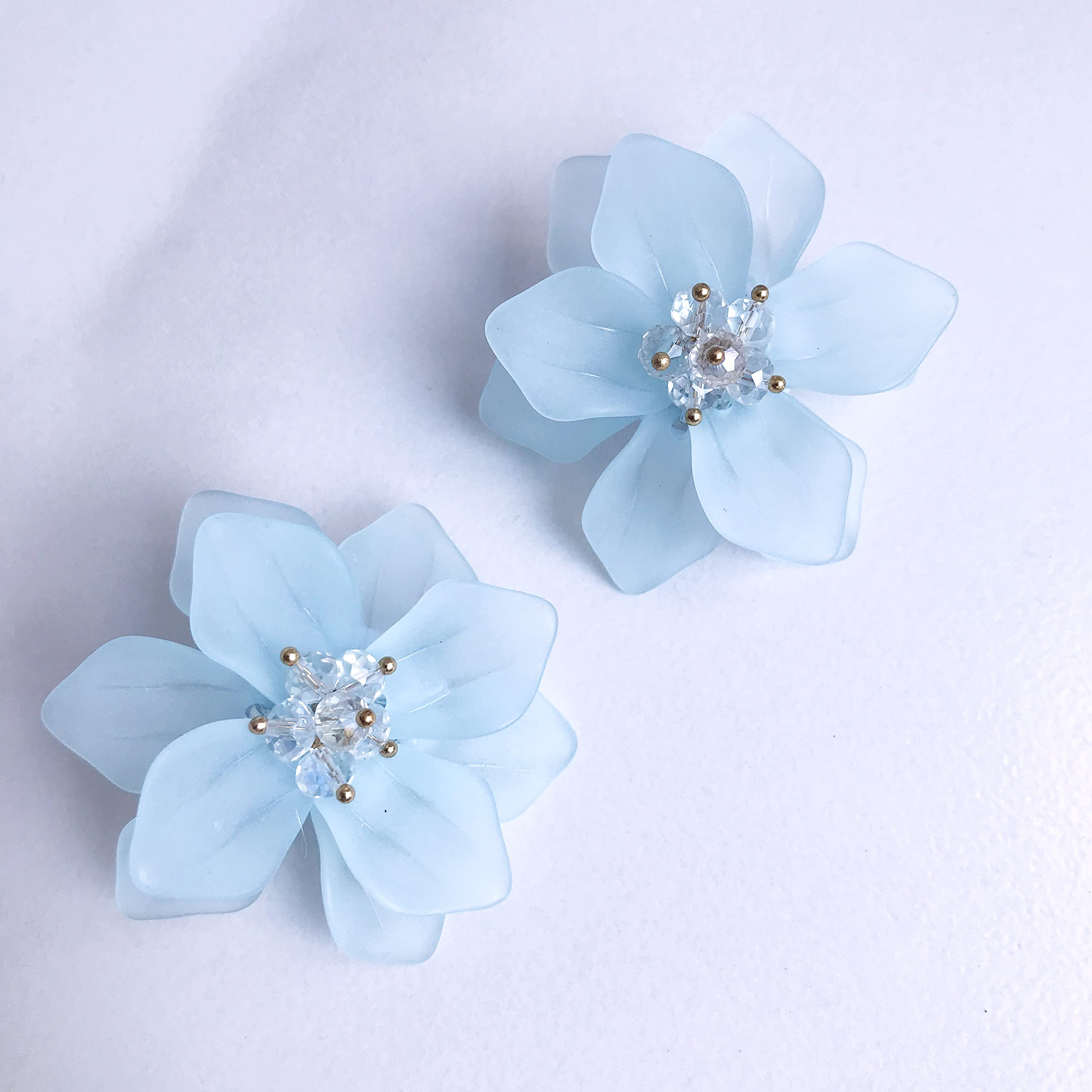 SLSF Unique Handmade Bohemian Large Matte Resin Flower Stud Earrings Dainty Elegant Acrylic Flower Petal Dangle Drop Earrings for Women Statement Jewelry Gifts (Light Blue)