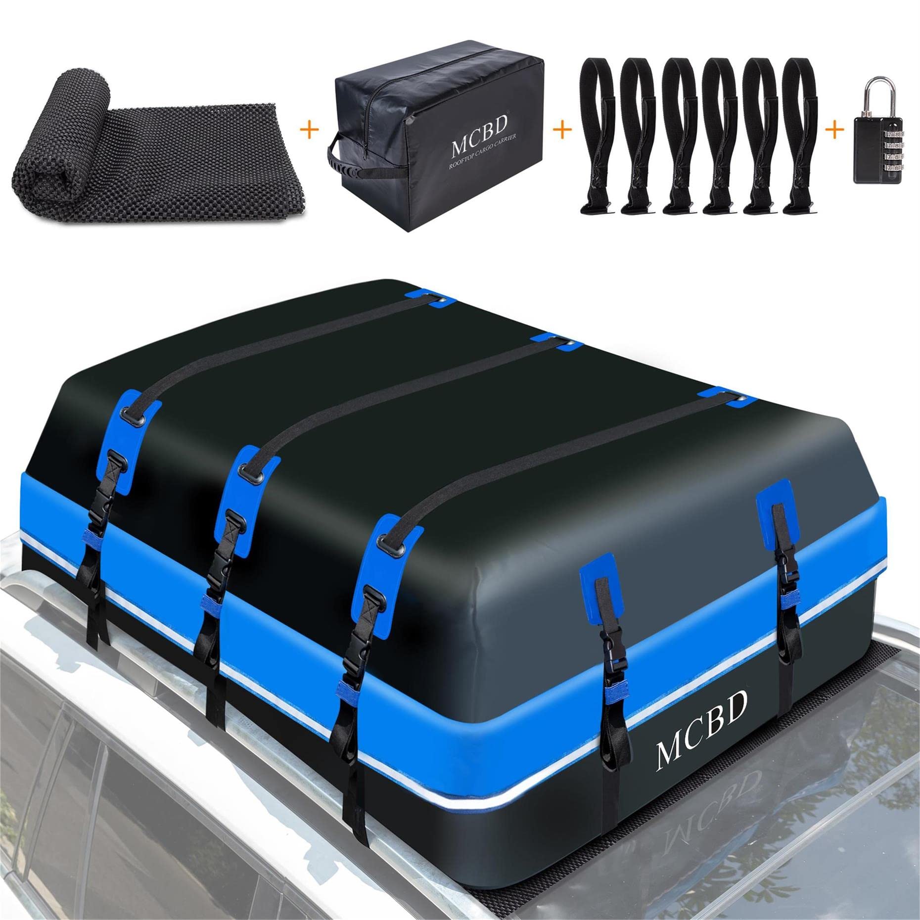 Rooftop Cargo Carrier, 21 Cubic Feet Soft-Shell Waterproof Car Roof Luggage Bag for All Vehicles SUV with/Without Rails, Includes 10 Reinforced Straps + 6 Door Hooks,Storage Bag,Anti-Slip Mat