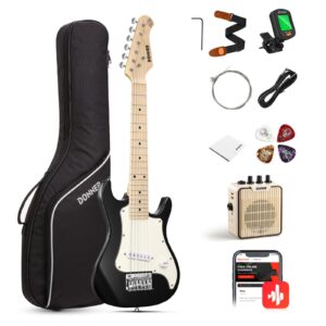 donner 30 inch kids electric guitar beginner kits st style mini electric guitar for boys girls with amp, 600d bag, tuner, picks, cable, strap, extra strings, dsj-100, black