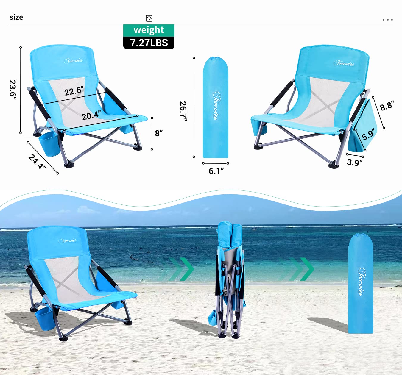 Funcode Low Beach Camping Folding Chair with Cooler bag,Heavy Duty Portable Chair with Carry Bag for Camping, Beach, Picnic, Barbeques, Sporting Event.(BLUE-2)