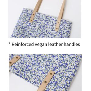 Jeelow Floral Cotton Canvas Tote Handbag with Vegan Leather Handles for Women - Lightweight Shoulder Bag Purse Snap Closure (Blue)