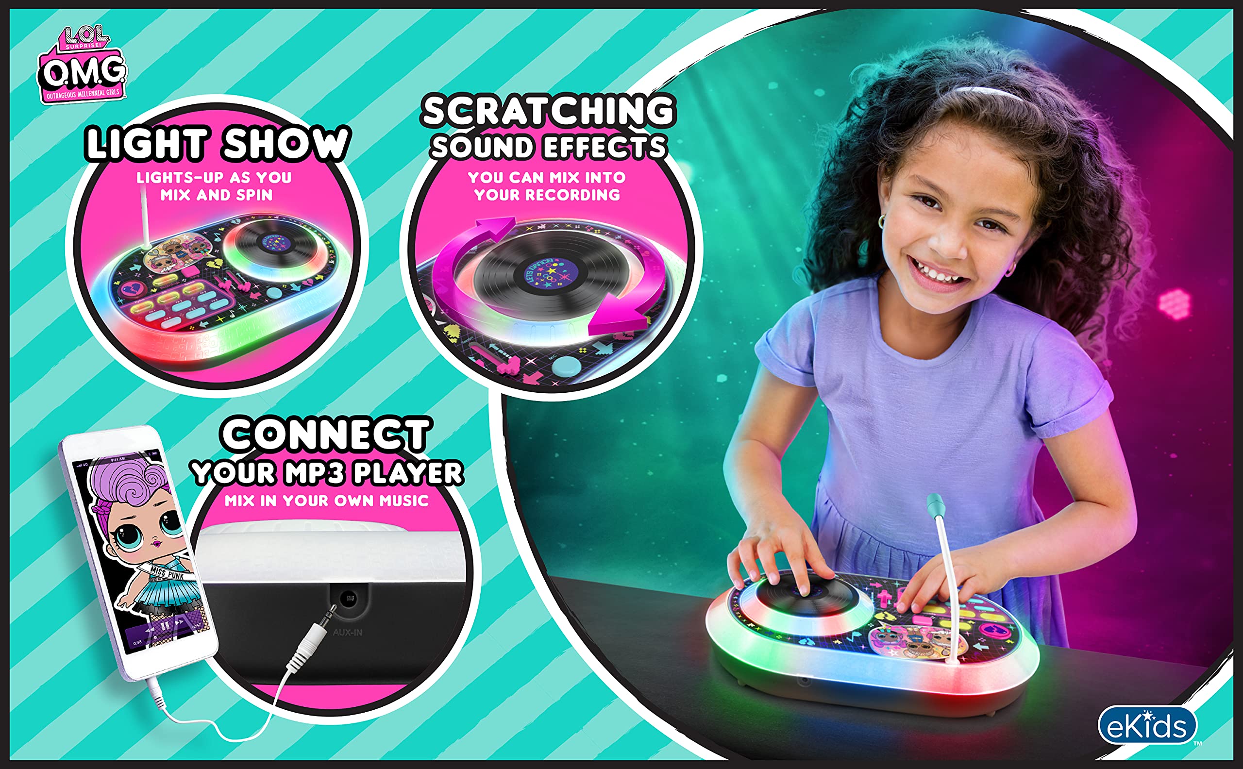 eKids LOL Surprise DJ Party Mixer Turntable Toy with Built in Microphone for Kids, Record and Mix Your Favorite Songs, for Fans of LOL Toys for Girls