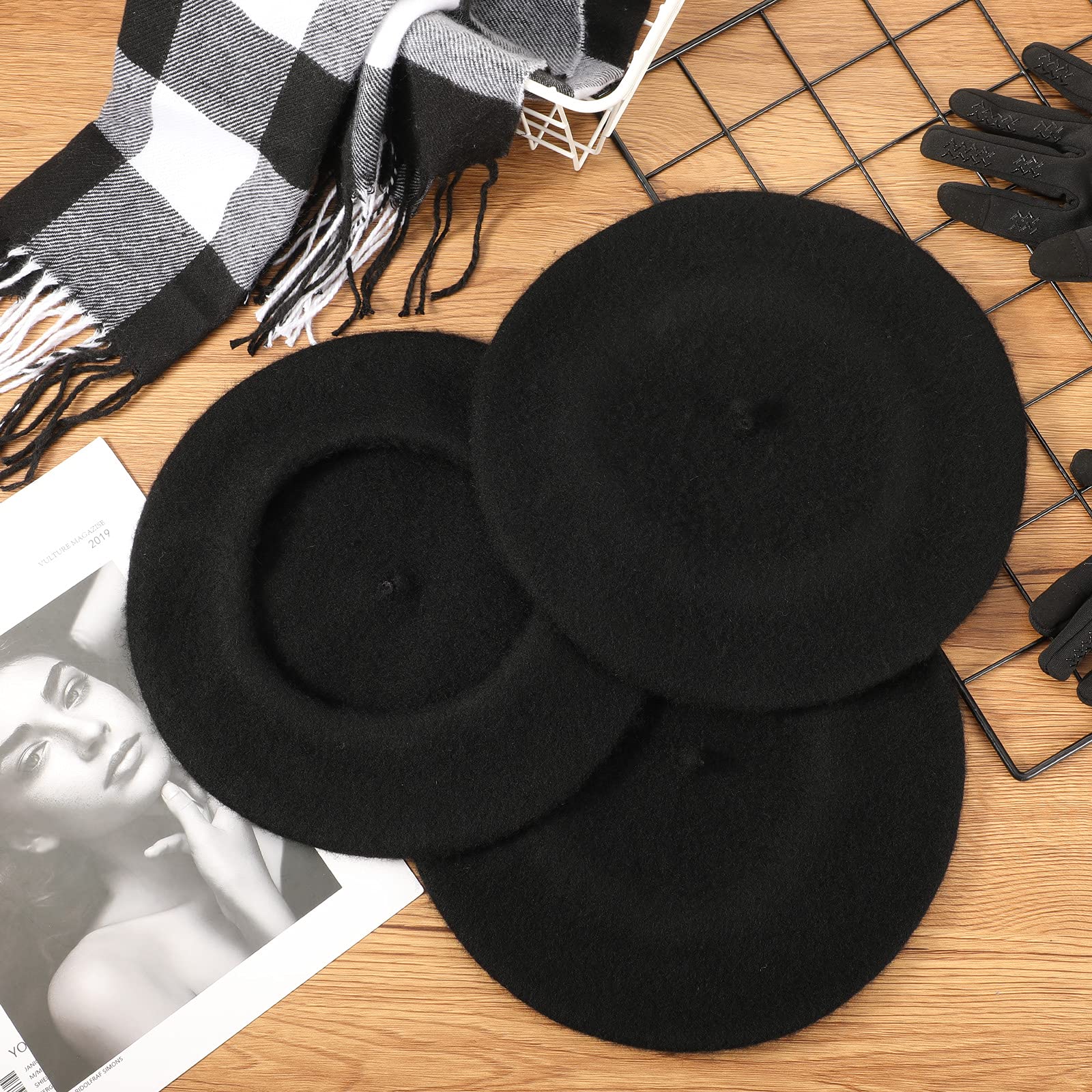 BBTO 12 Pieces Beret Hats for Women French Baggy Wool Hat Casual Classic Sweet Artist Cap for Women Girls(Black)