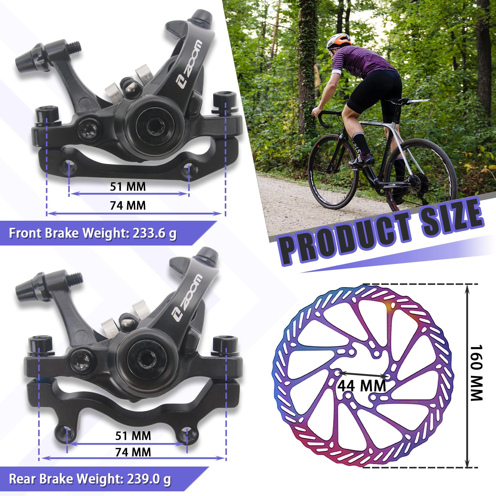 BUCKLOS MTB Bike Disc Brake kit, Mechanical Disc Brakes Aluminum Alloy Caliper for Mountain Bike with 160mm Stainless Steel Rotor/Floating Rotors and is/PM Universal Conversion Adapter (Front+Rear)