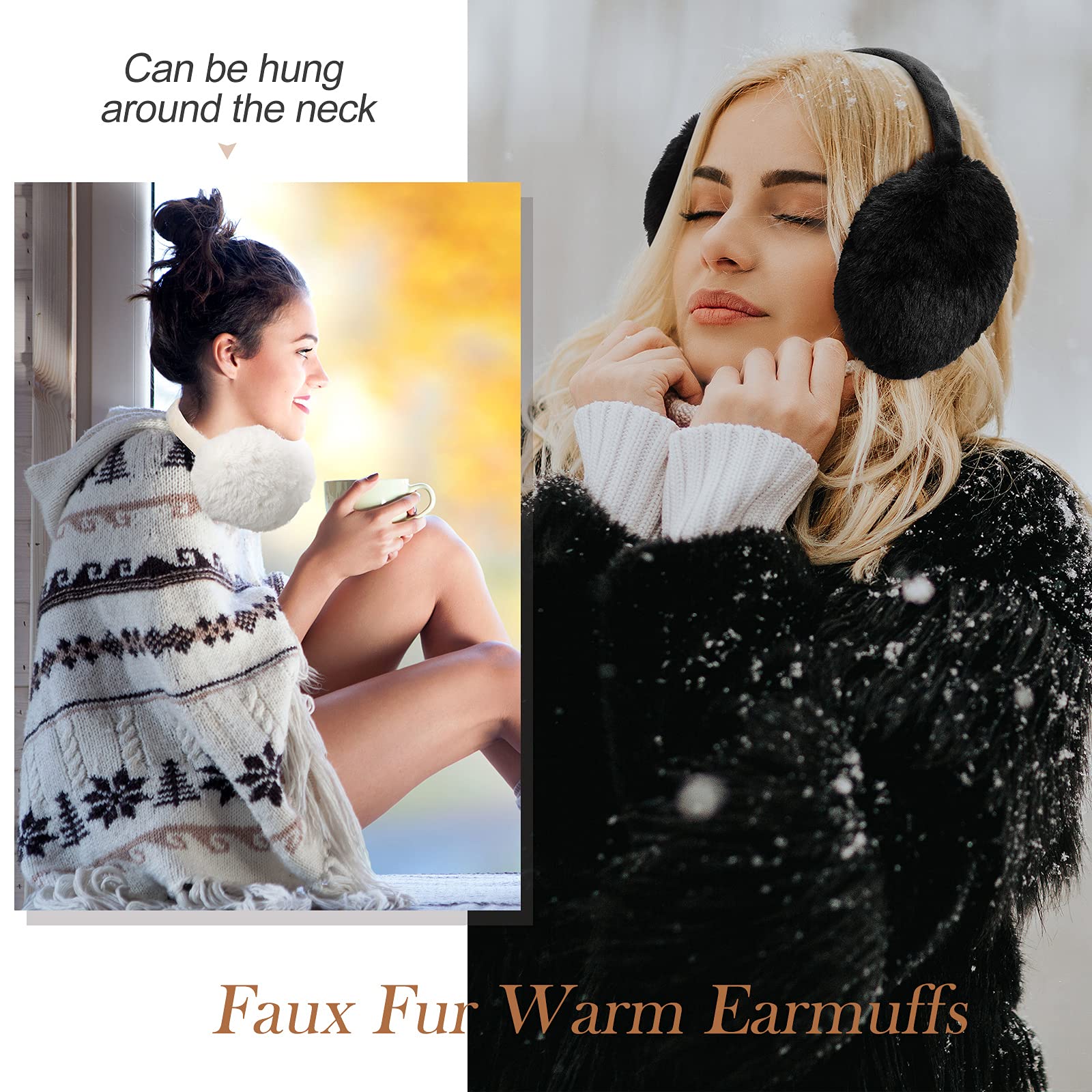 SATINIOR 2 Pieces Winter Ear muffs Faux Fur Earmuffs Cute Foldable Outdoor Ear Warmers Faux Fur Ear Warmers for Women (Black, White), One Size