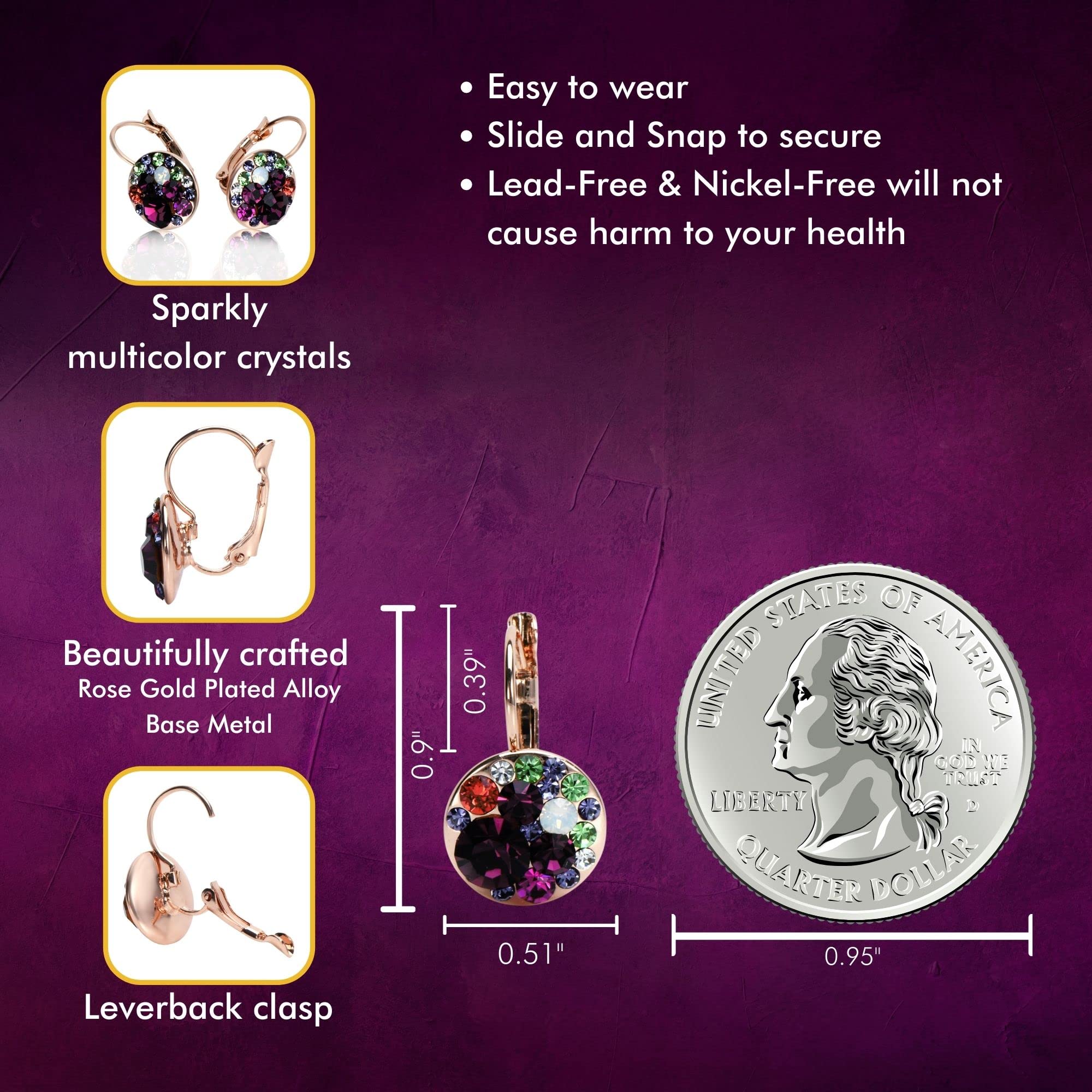 UPSERA Leverback Earrings for Women – Elegant Austrian Crystal Earrings – Colorful Dangle Hoop Earrings with Rose Gold Plated Base – Premium Materials – Beautiful Craftsmanship, Purple Crystal