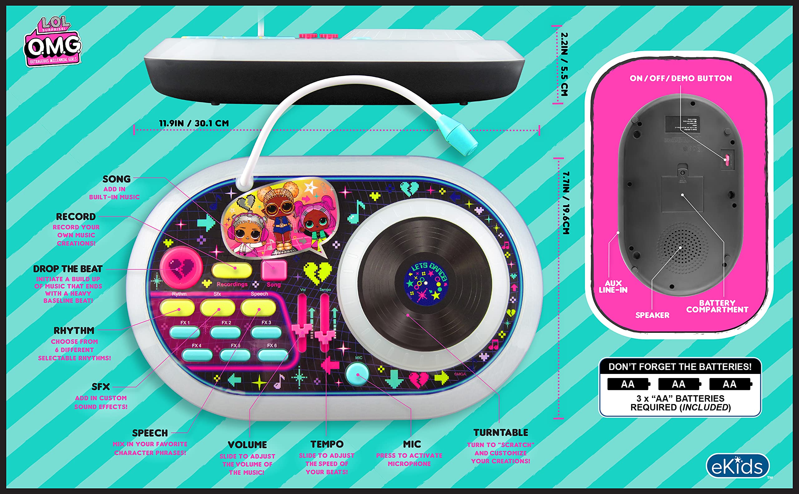 eKids LOL Surprise DJ Party Mixer Turntable Toy with Built in Microphone for Kids, Record and Mix Your Favorite Songs, for Fans of LOL Toys for Girls