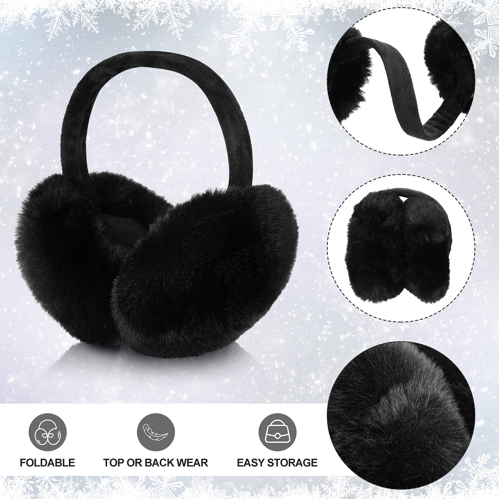 SATINIOR 2 Pieces Winter Ear muffs Faux Fur Earmuffs Cute Foldable Outdoor Ear Warmers Faux Fur Ear Warmers for Women (Black, White), One Size