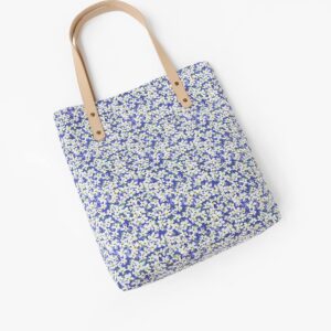 Jeelow Floral Cotton Canvas Tote Handbag with Vegan Leather Handles for Women - Lightweight Shoulder Bag Purse Snap Closure (Blue)