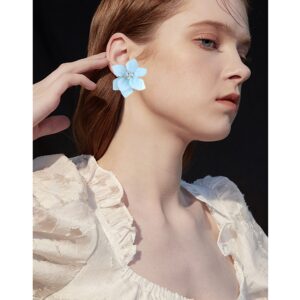 SLSF Unique Handmade Bohemian Large Matte Resin Flower Stud Earrings Dainty Elegant Acrylic Flower Petal Dangle Drop Earrings for Women Statement Jewelry Gifts (Light Blue)