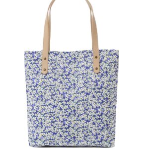 Jeelow Floral Cotton Canvas Tote Handbag with Vegan Leather Handles for Women - Lightweight Shoulder Bag Purse Snap Closure (Blue)