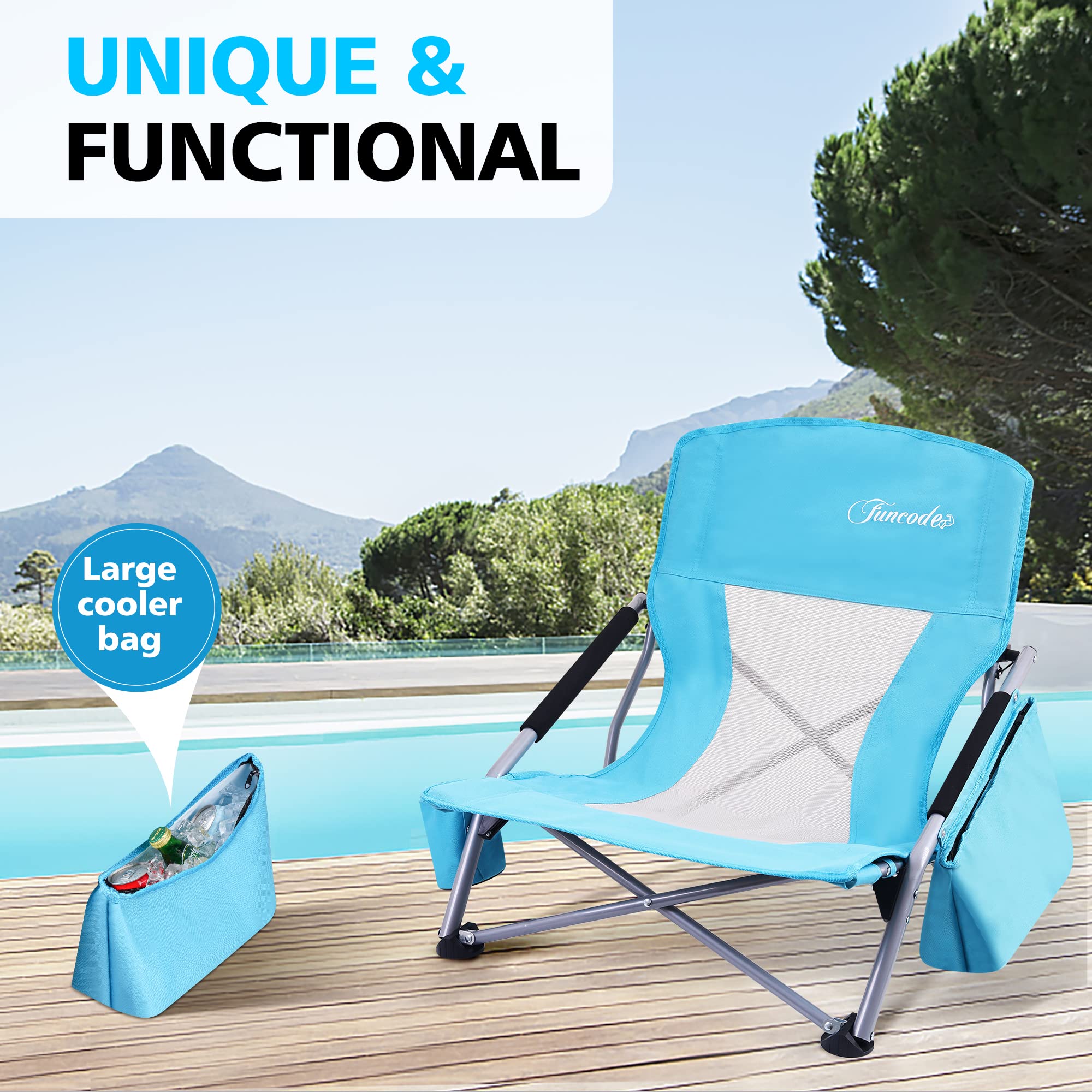 Funcode Low Beach Camping Folding Chair with Cooler bag,Heavy Duty Portable Chair with Carry Bag for Camping, Beach, Picnic, Barbeques, Sporting Event.(BLUE-2)