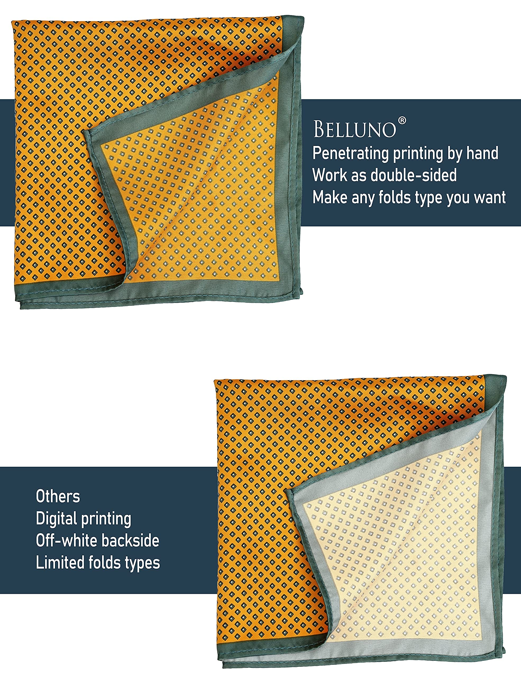 BELLUNO Pocket Square 6 pcs with 3 Folds Holders, Penetrating Printed Handkerchiefs Set for Men