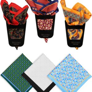 BELLUNO Pocket Square 6 pcs with 3 Folds Holders, Penetrating Printed Handkerchiefs Set for Men