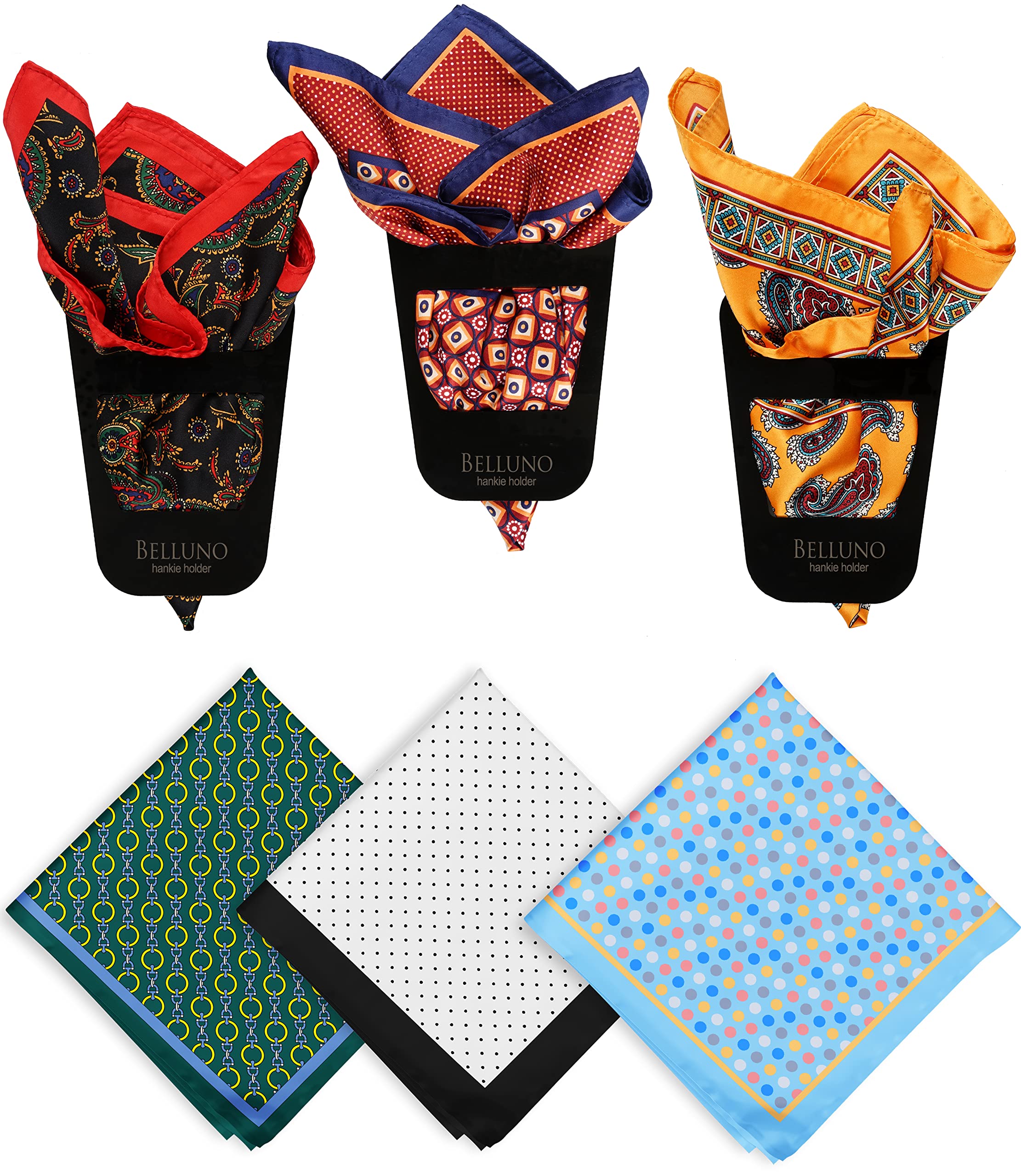 BELLUNO Pocket Square 6 pcs with 3 Folds Holders, Penetrating Printed Handkerchiefs Set for Men