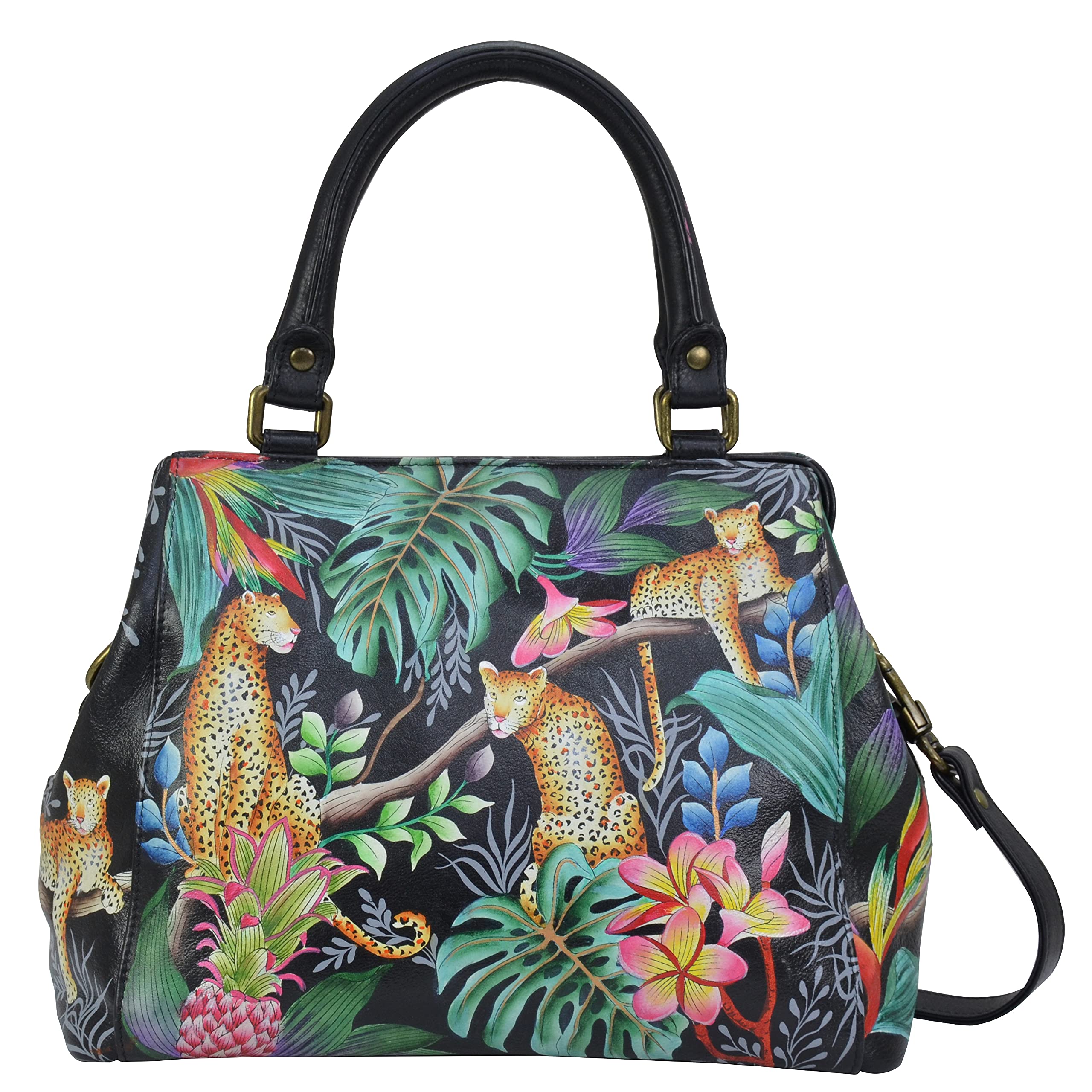 Anuschka Women’s Genuine Leather Multi Compartment Satchel - Hand Painted Exterior - Jungle Queen