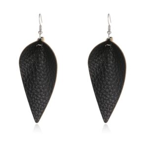 chunyanan boho elegant lightweight black genuine real leather geometric dangle drop earrings for women petal leaf feather teardrop earrings jewelry gift (black genuine real leather)