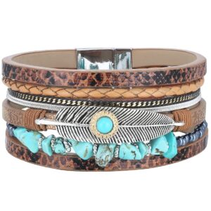 azora turquoise stone leather wrap bracelet feather cuff bracelets bohemian woven bracelet for women gift brown