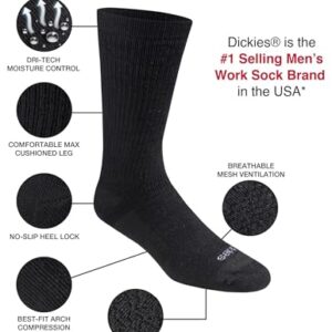 Dickies Men's Dri-Tech Moisture Control Max Full Cushion Crew Socks, Available in M-XL (6, 12, Solid Black (6 Pairs), Large