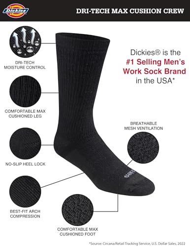 Dickies Men's Dri-Tech Moisture Control Max Full Cushion Crew Socks, Available in M-XL (6, 12, Solid Black (6 Pairs), Large