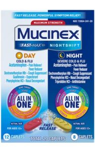 mucinex maximum strength fast-max day cold & flu & nightshift night severe cold & flu all in one, fast release, powerful multi-symptom relief, 20 caplets (12 day time + 8 night time)