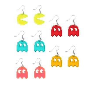 pixel ghost pac-man earrings set,cute weird earrings,80s earrings acrylic gummy demon crazy funny game dangle drop earrings for women 5 pairs