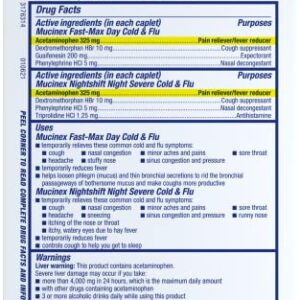 Mucinex Maximum Strength Fast-Max Day Cold & Flu & Nightshift Night Severe Cold & Flu All in One, Fast Release, Powerful Multi-Symptom Relief, 20 caplets (12 Day time + 8 Night time)