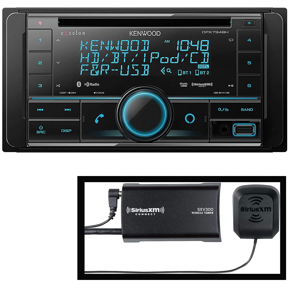 Kenwood Excelon DPX794BH Double DIN Bluetooth in-Dash Car Stereo CD Receiver with Amazon Alexa Compatibility | Plus SiriusXM SXV300v1 Connect Vehicle Tuner Kit for Satellite Radio