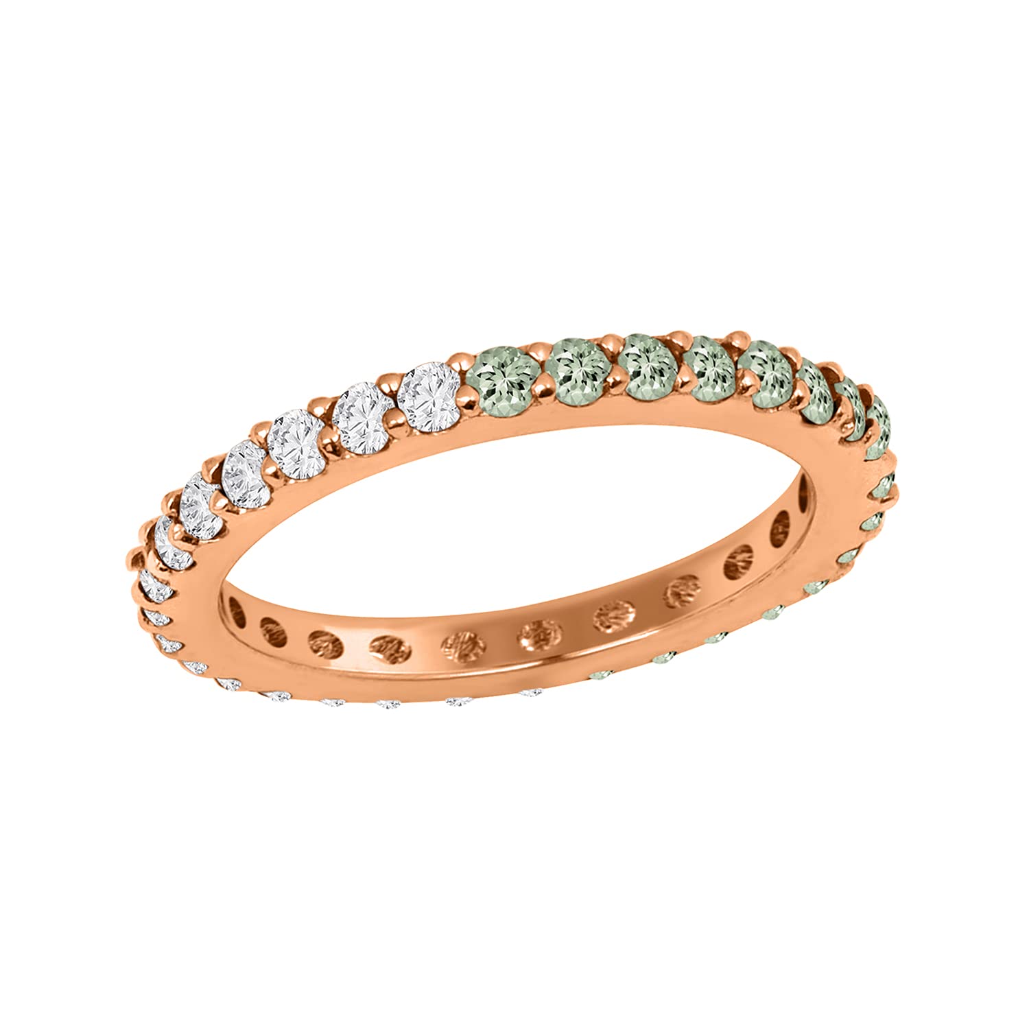 Shine Jewel 925 Sterling Silver Round 2 MM Green Amethyst Full Eternity Stackable Band Ring Gift For Her (Rose Gold Plated, 8)