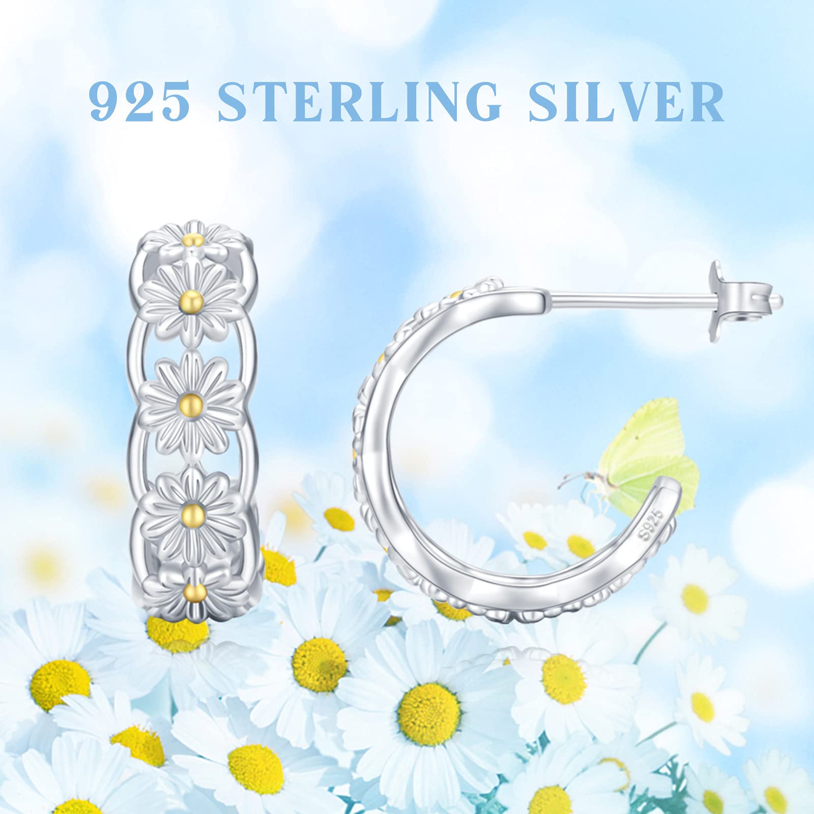 Daisy Earrings 925 Sterling Silver Daisy Hoop Earrings Flower Daisy Stud Earrings for Newly Pierced Ear Daisy Flower Jewelry Gift for Women