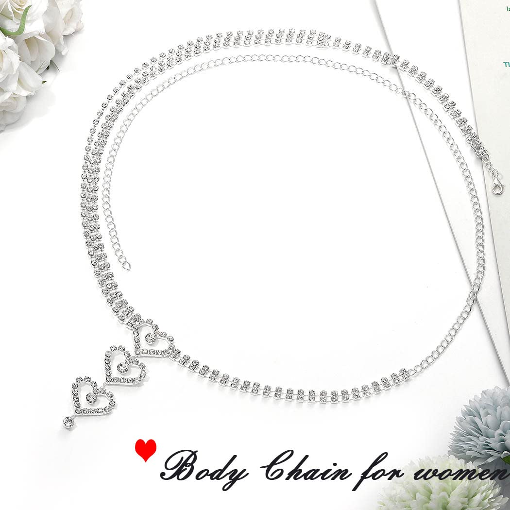 Bniealsy Rhinestone Waist Belly Chain Silver Heart Body Chain Sexy Body jewelry for Women