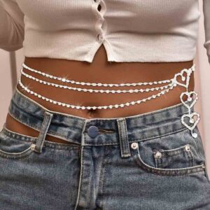 Bniealsy Rhinestone Waist Belly Chain Silver Heart Body Chain Sexy Body jewelry for Women