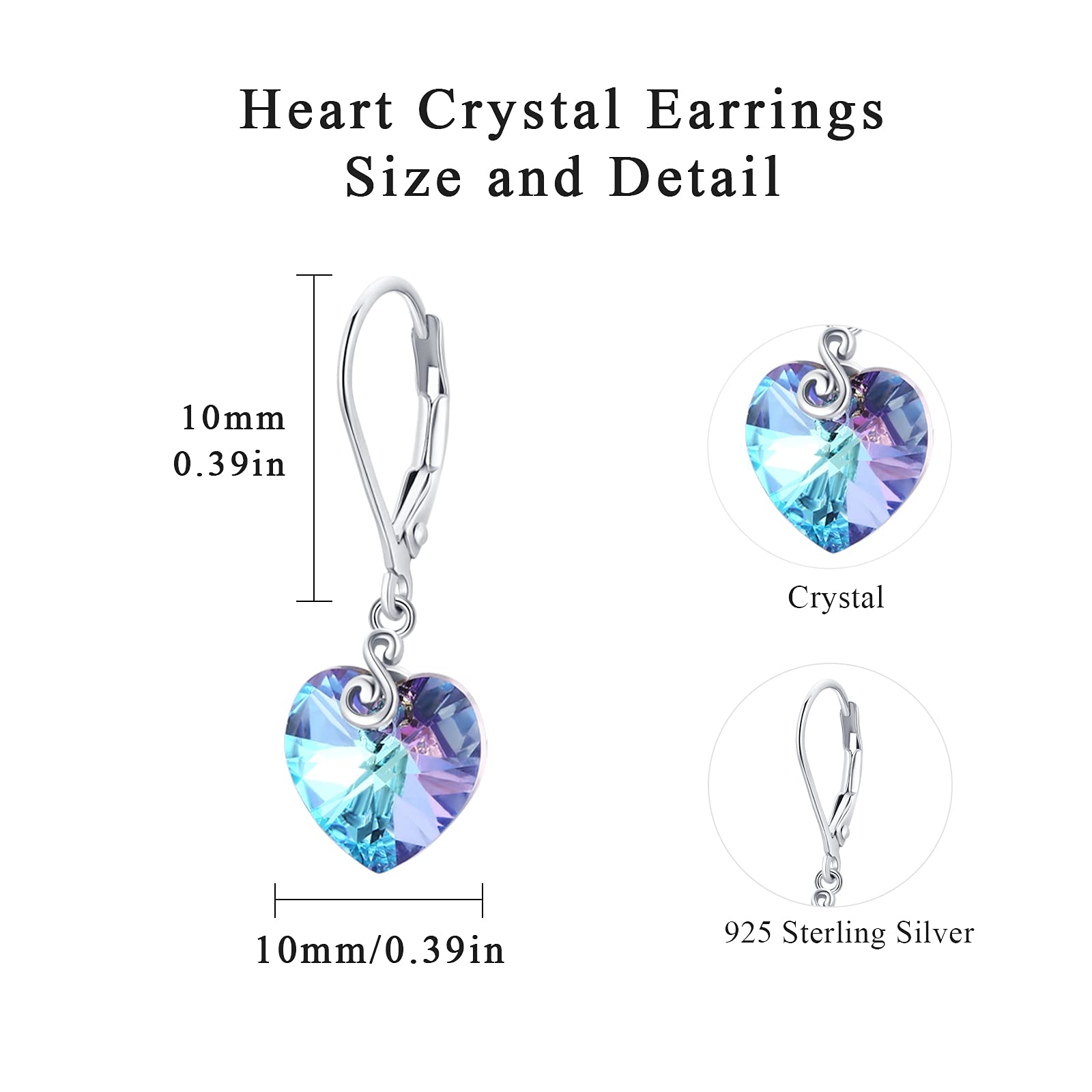 Sterling Silver Leverback Drop Earring with Austrian Crystal Hypoallergenic Heart Dangle Earrings for Sensitive Ears Jewelry Gift for Women