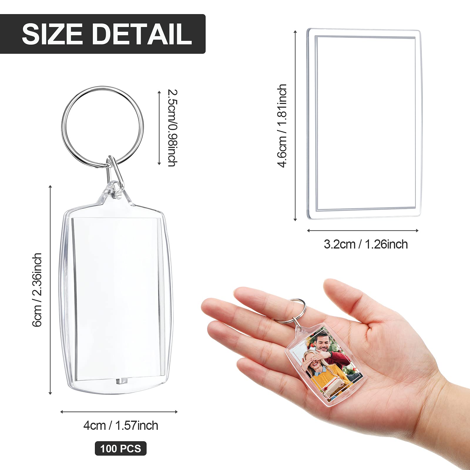 MTLEE 100 Pieces Clear Acrylic Photo Frame Keychain Photo Insert Keyrings Blank Rectangle DIY Keychain Picture Frame Keyring with Split Ring Suit for 1.3 x 1.8 Inches Photos